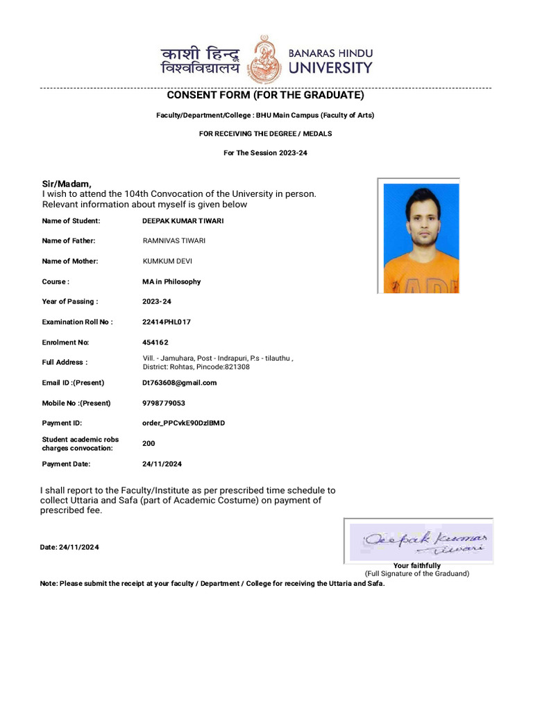 Graduate Convocation Consent Form 2023-24 | PDF