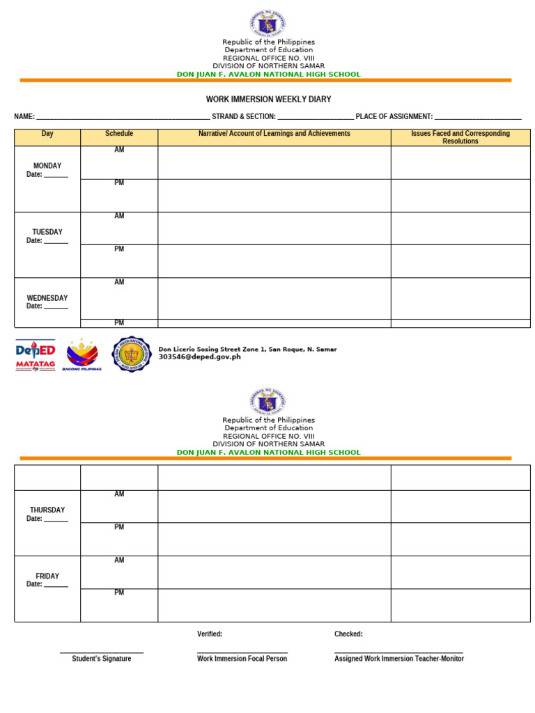 Work Immersion Weekly Diary Template | PDF