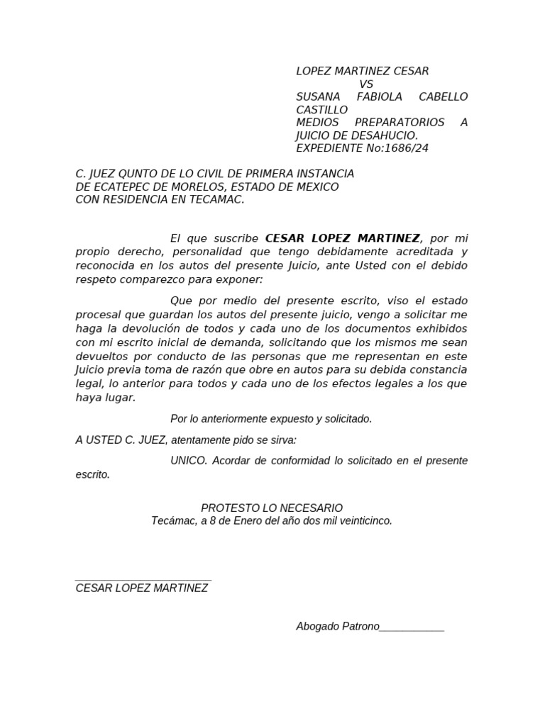 ESCRITO SOLICITANDO DEVOLUCION DE DOCUMENTOS | PDF