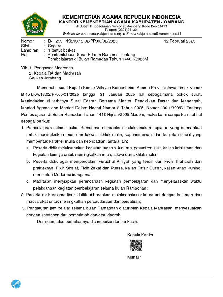 Pemberitahuan Surat Edaran Bersama Tentang Pembelajaran Di Bulan Ramadan Tahun 1446H2025M | PDF