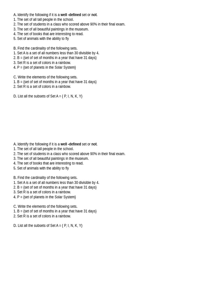 Sets (worksheet) | PDF