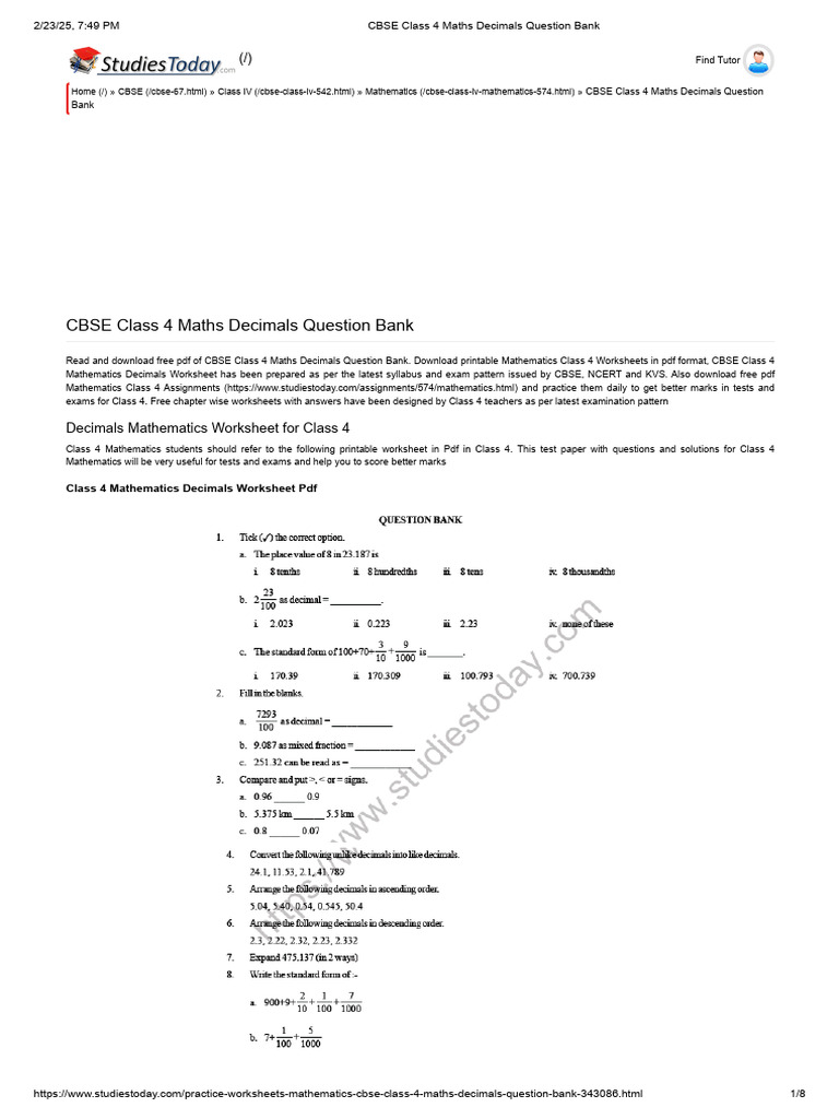 Class 4 Maths Decimals Worksheet PDF | PDF | Qualifications ...