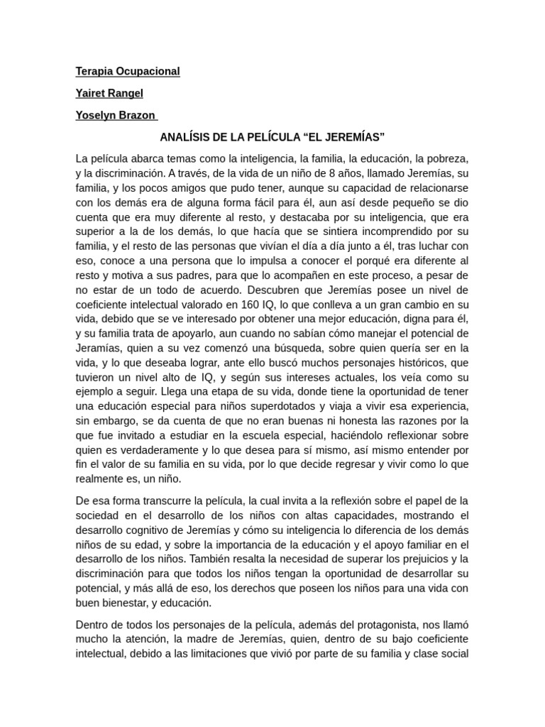 Análisis de "El Jeremías" y Terapia Ocupacional | PDF | Discriminación ...
