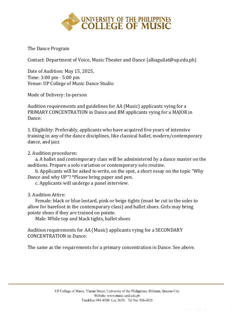 Voice, Music Theater and Dance Department Audition Requirements 2025 ...