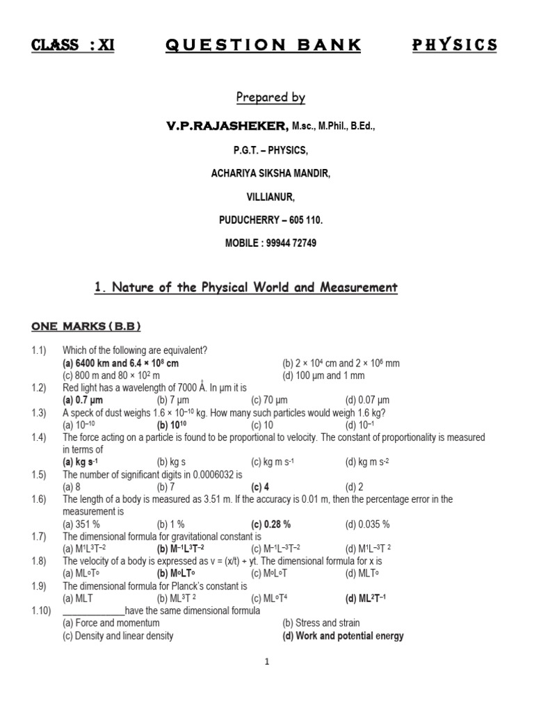 11th Physics Question Bank (1) | PDF | Force | Acceleration