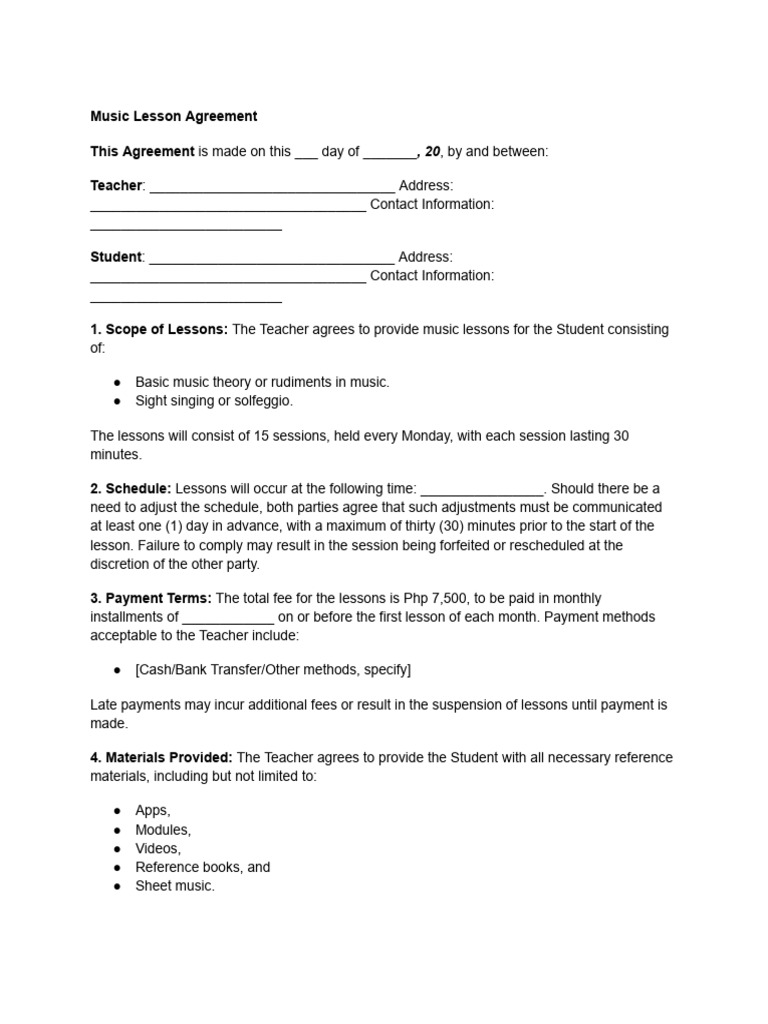 Music Lesson Agreement Draft | PDF