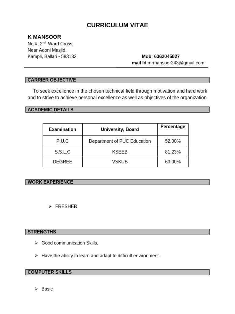 Fresher CV: K Mansoor | PDF
