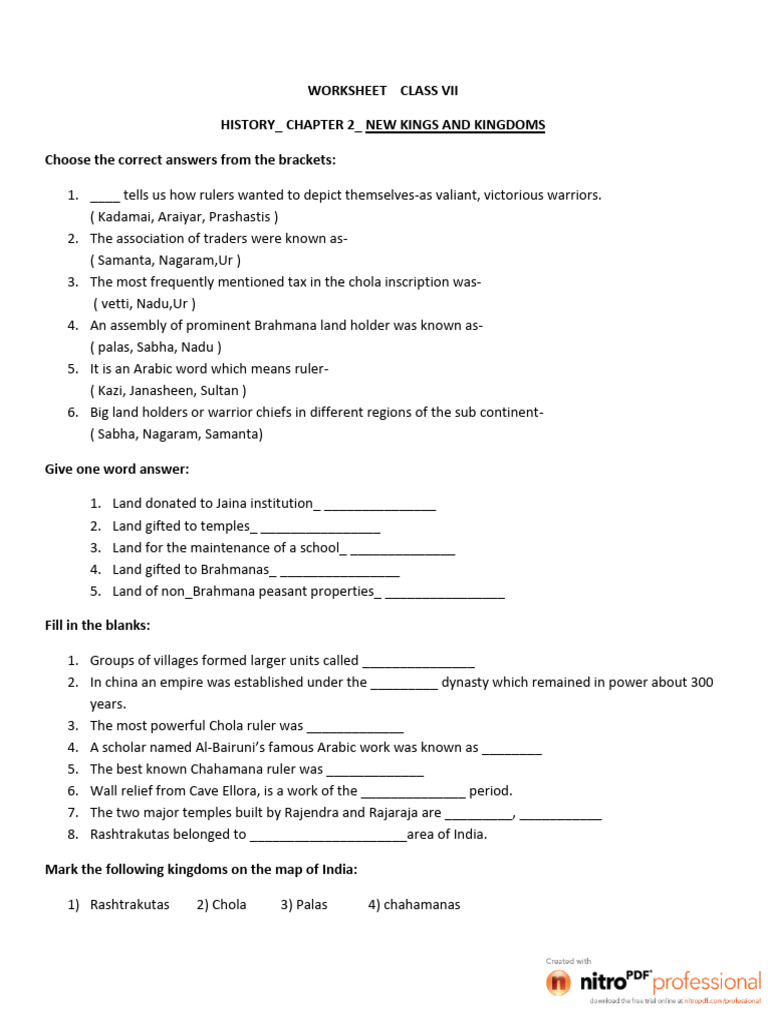CBSE Class 7 History Worksheet (8) - New Kings and Kingdoms | PDF