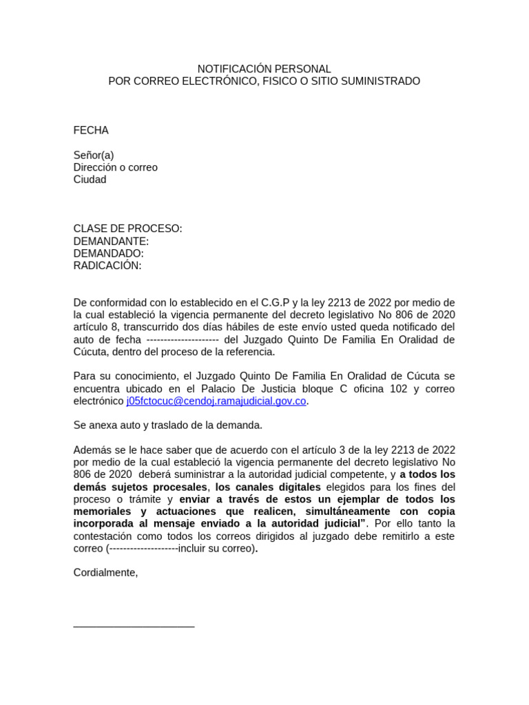 Notificacion Ley 2213 - 2022 | PDF