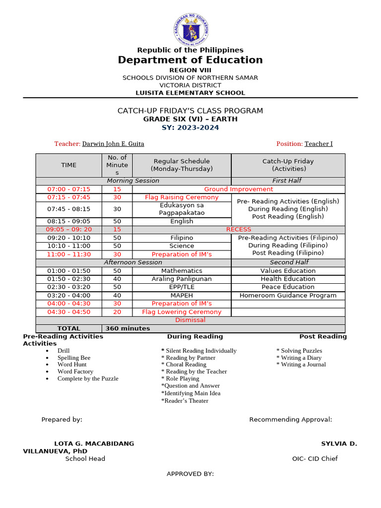 Catch Up Friday Class Program 2023 2024 Pdf Reading Process 3318