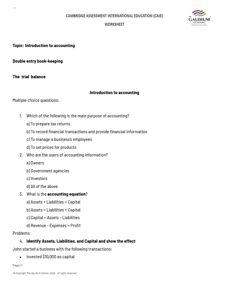 IGCSE Accounting Worksheet Overview | PDF | Debits And Credits ...