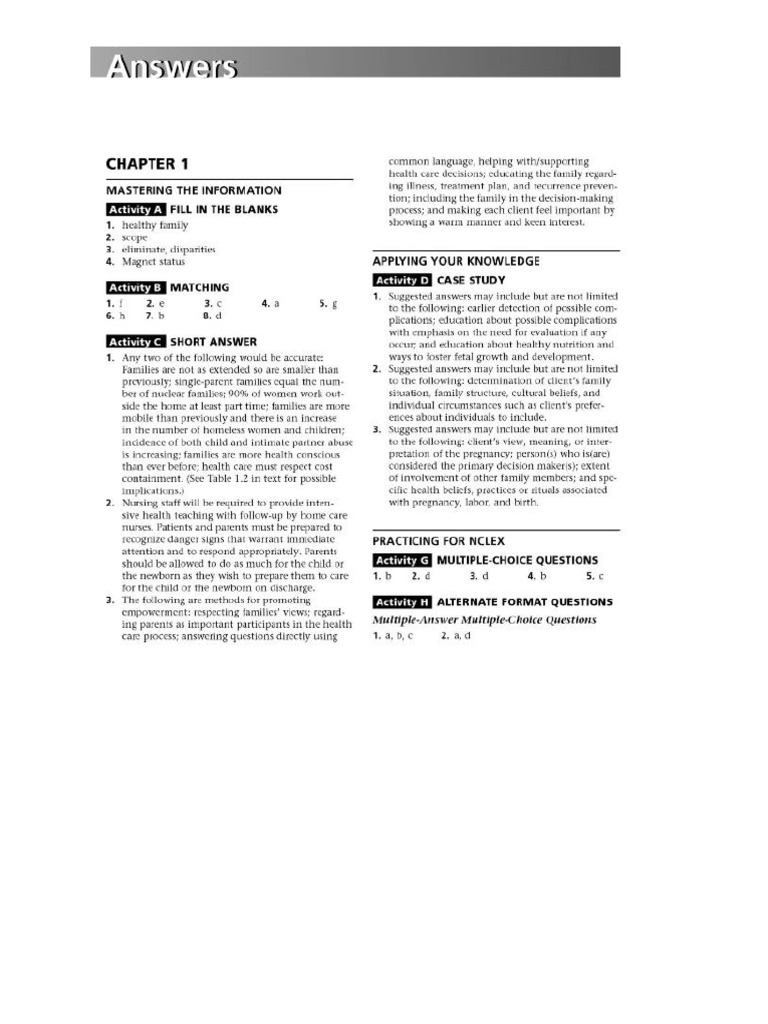 Workbook Answer-Key Maternal | PDF