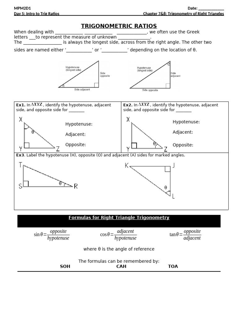5 Intro To Trig Ratios Handout | PDF | Trigonometry | Trigonometric ...