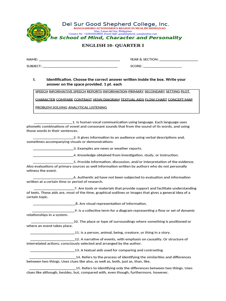 English 10 Quarter 1 Assessment Guide | PDF | Information | Speech