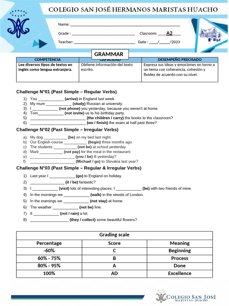 Grammar Test 1 - 1º Sec - Past Tenses - Unit 2 | PDF | Linguistics ...