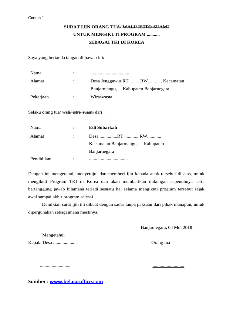 Contoh Surat Izin Orang Tua Untuk Bekerja Di Luar Negeri Fix | PDF