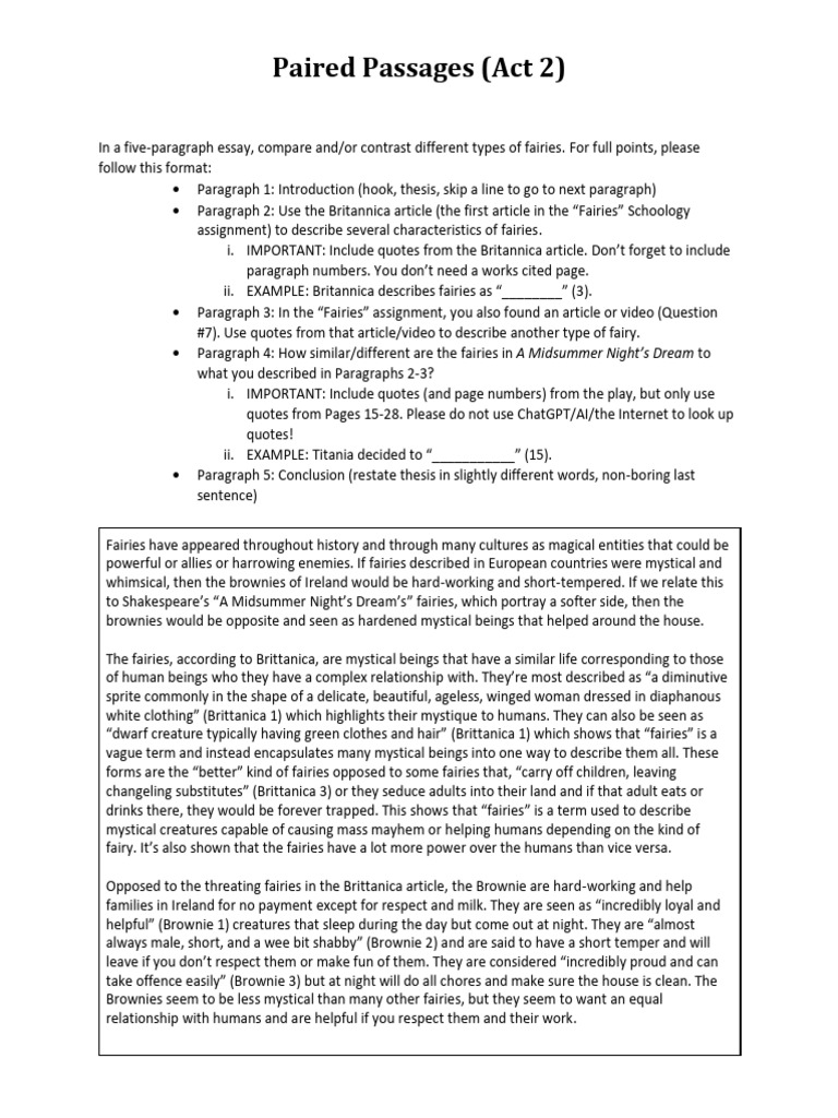 Midsummer Nights Dream - Paired Passages Act 2 AAC3 | PDF | Fairies | A ...