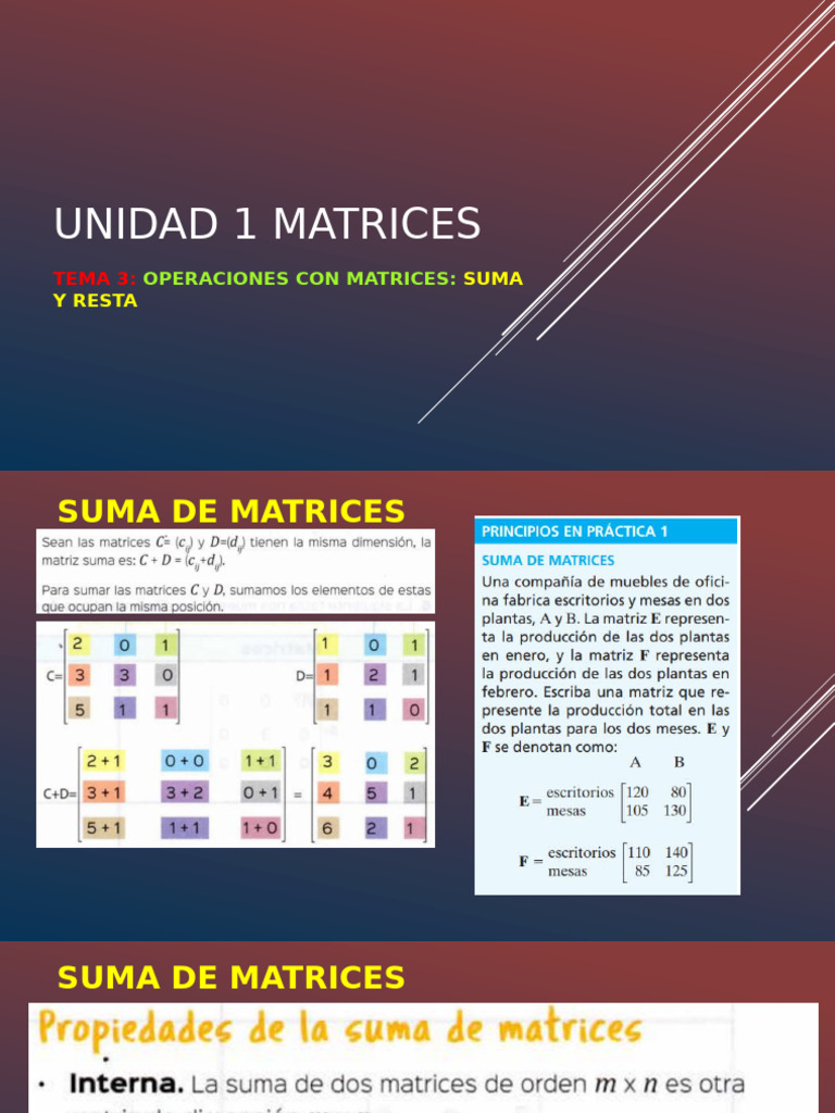 UNIDAD 1 MATRICES REALES TEMA 3 OPERACIONES SUMA Y RESTA | PDF