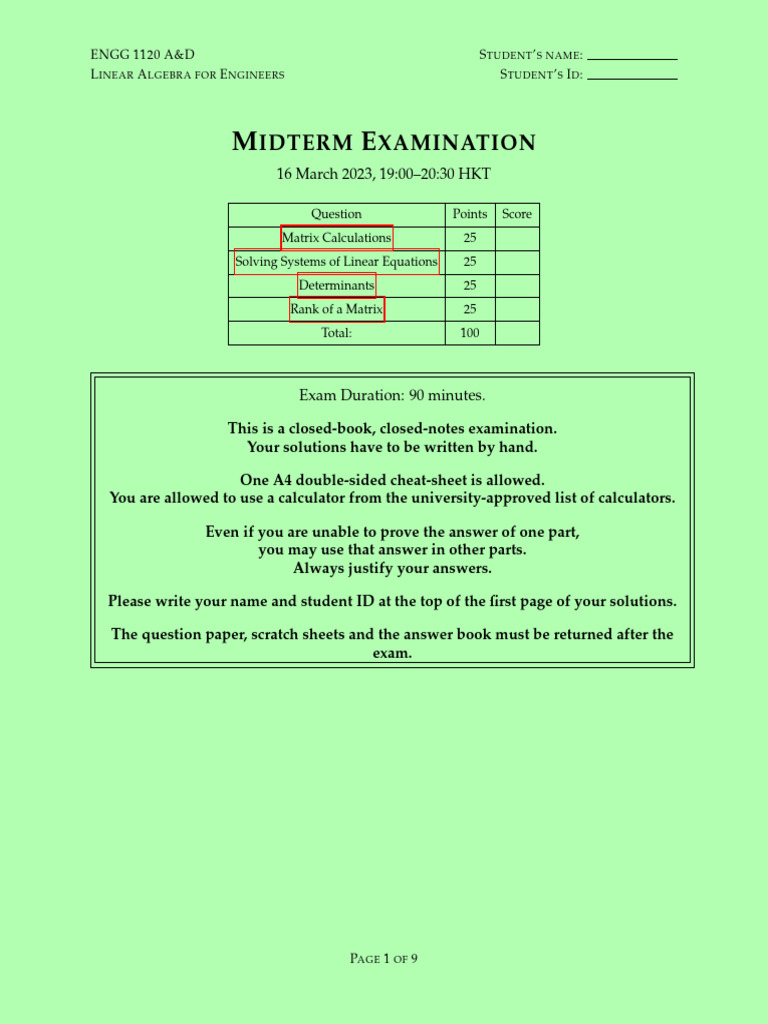 ENGG1120 PastPapers Midterm 2023spring Solutions | PDF | Matrix (Mathematics) | System Of Linear ...