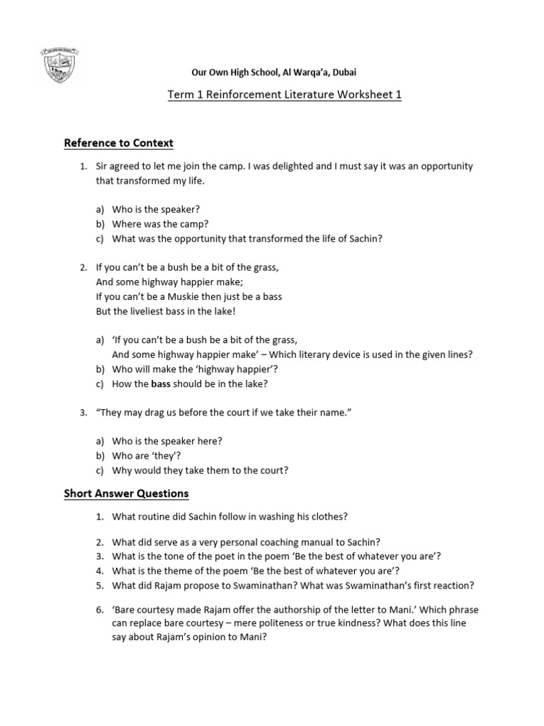 High School Literature Worksheet: Term 1 | PDF
