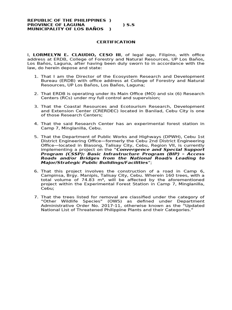 Certification of No Objection Dpwh-Crerdec | PDF | Natural Environment | Ecology