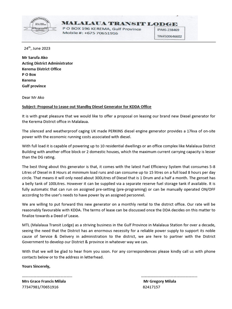 MTL Generator Rental Proposal KDDA 2024 - 062724 | PDF