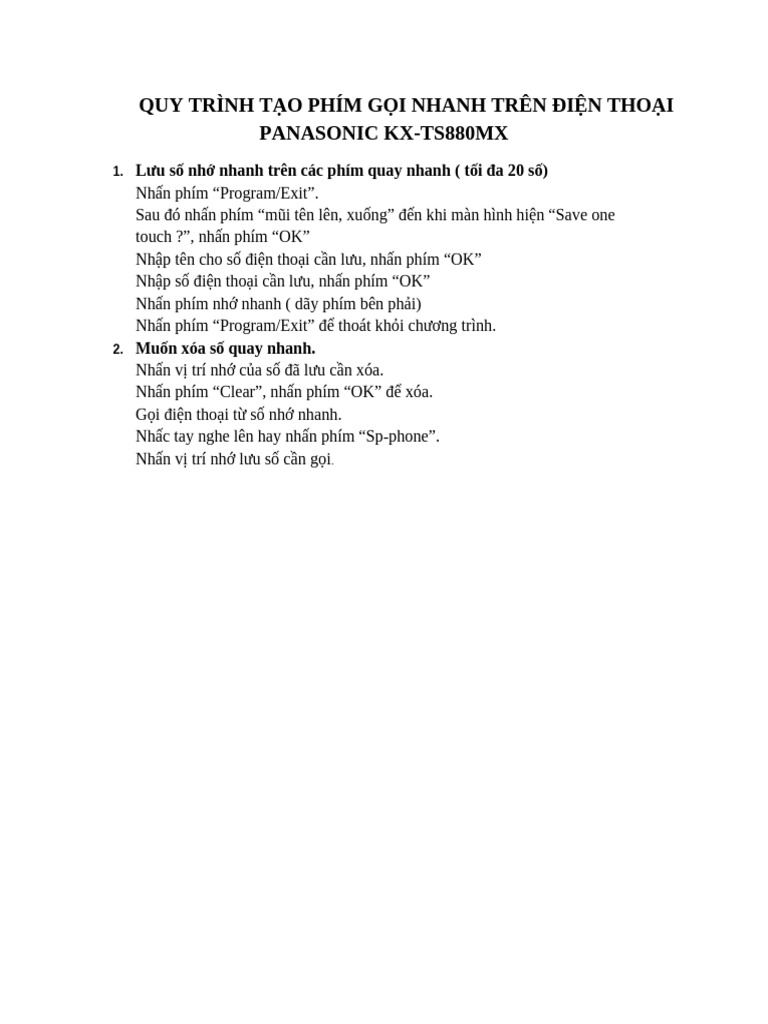 Quy Trình Tạo Phím Gọi Nhanh Trên Điện Thoại Panasonic Kx | PDF