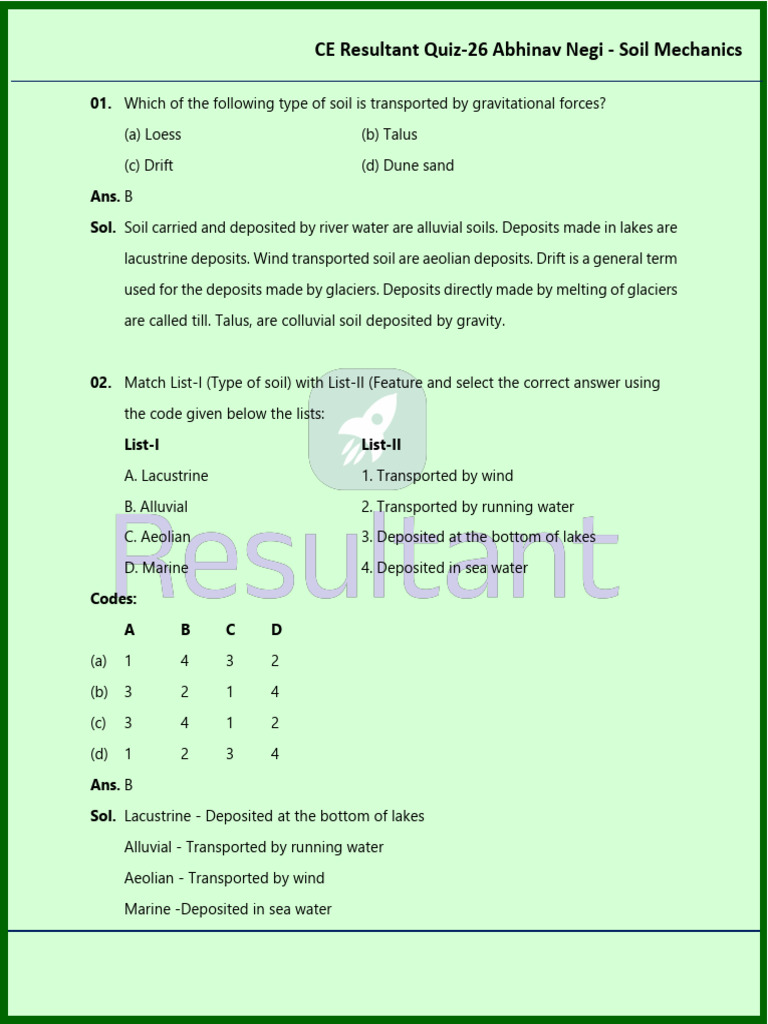 CE_Resultant_Quiz_26_Abhinav_Negi_19_Feb_2025_Soil_Mechanics_Q_& | PDF | Deposition (Geology ...