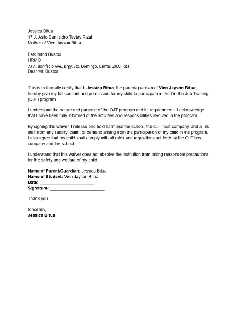OJT Consent Form by Jessica Bitua | PDF