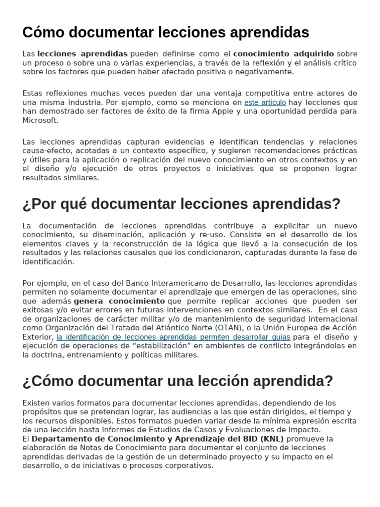 Cómo documentar lecciones aprendidas | PDF | Aprendizaje | Conocimiento