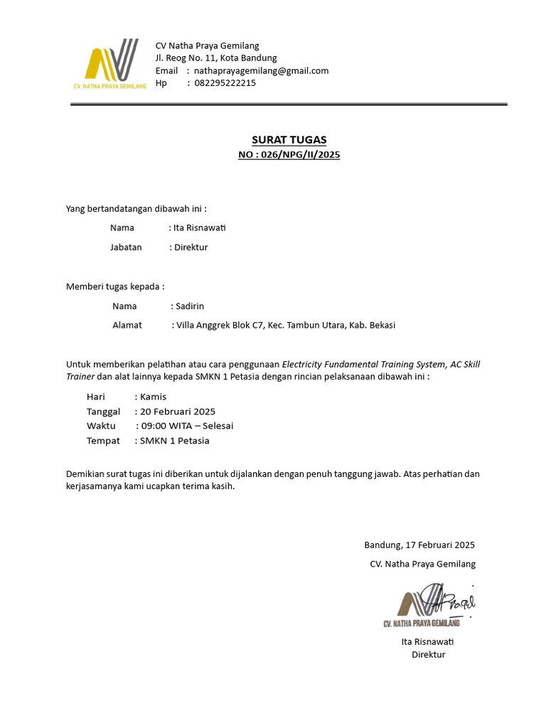 SURAT TUGAS 026_Pak Sadirin _SMKN 1 Petasia'.docx | PDF