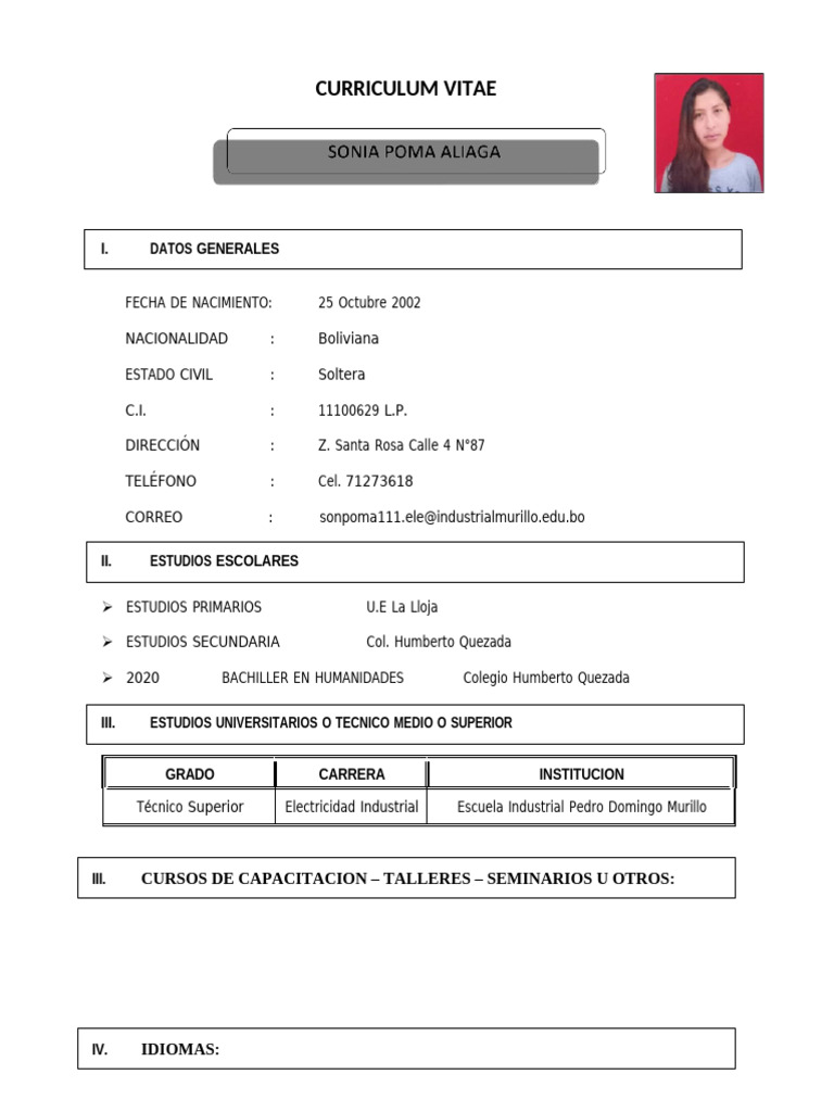 Curriculum Vitae de Sonia Poma Aliaga | PDF