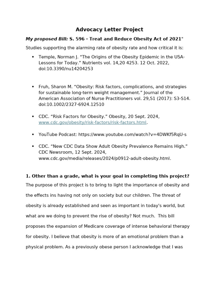 Advocacy Letter Project (1) | PDF | Obesity | Medicare (United States)