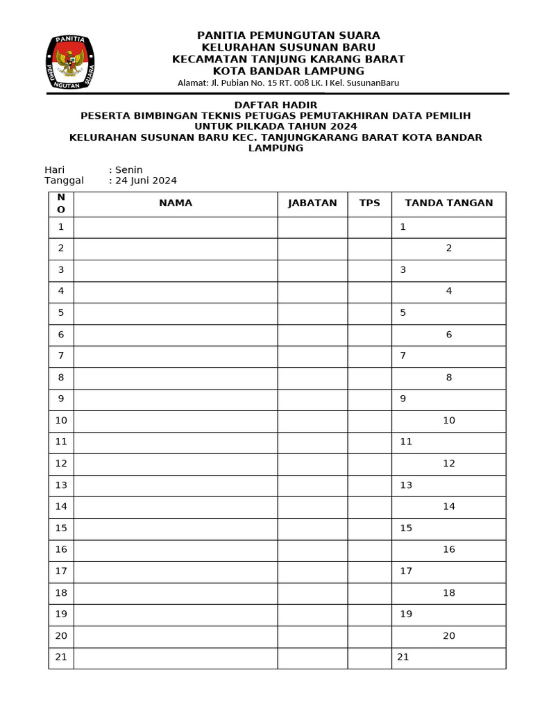 Daftar Hadir Pelantikan Dan Bimtek | PDF