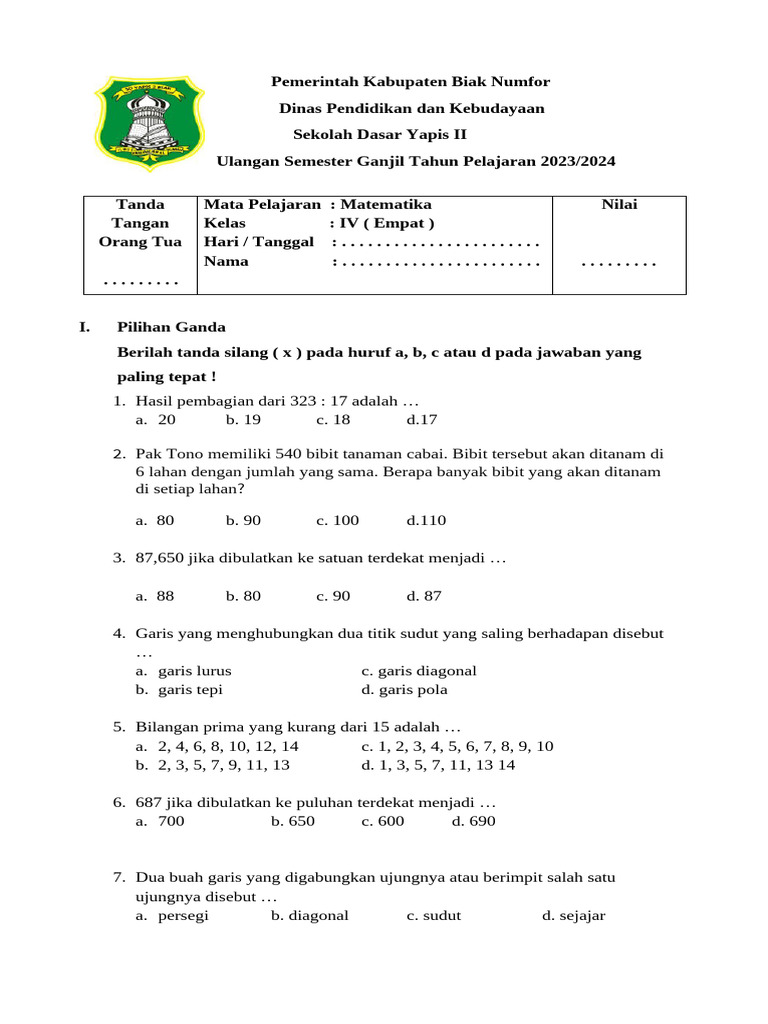 Ulangan Semester mtk4 | PDF