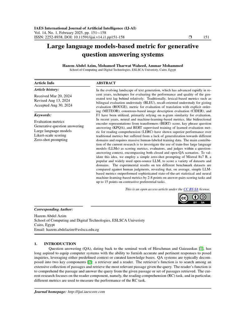 Large language models-based metric for generative question answering ...