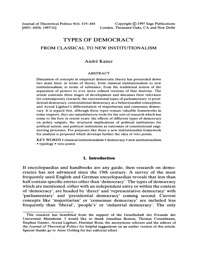 Kaiser (1997) Types of Democracy | PDF