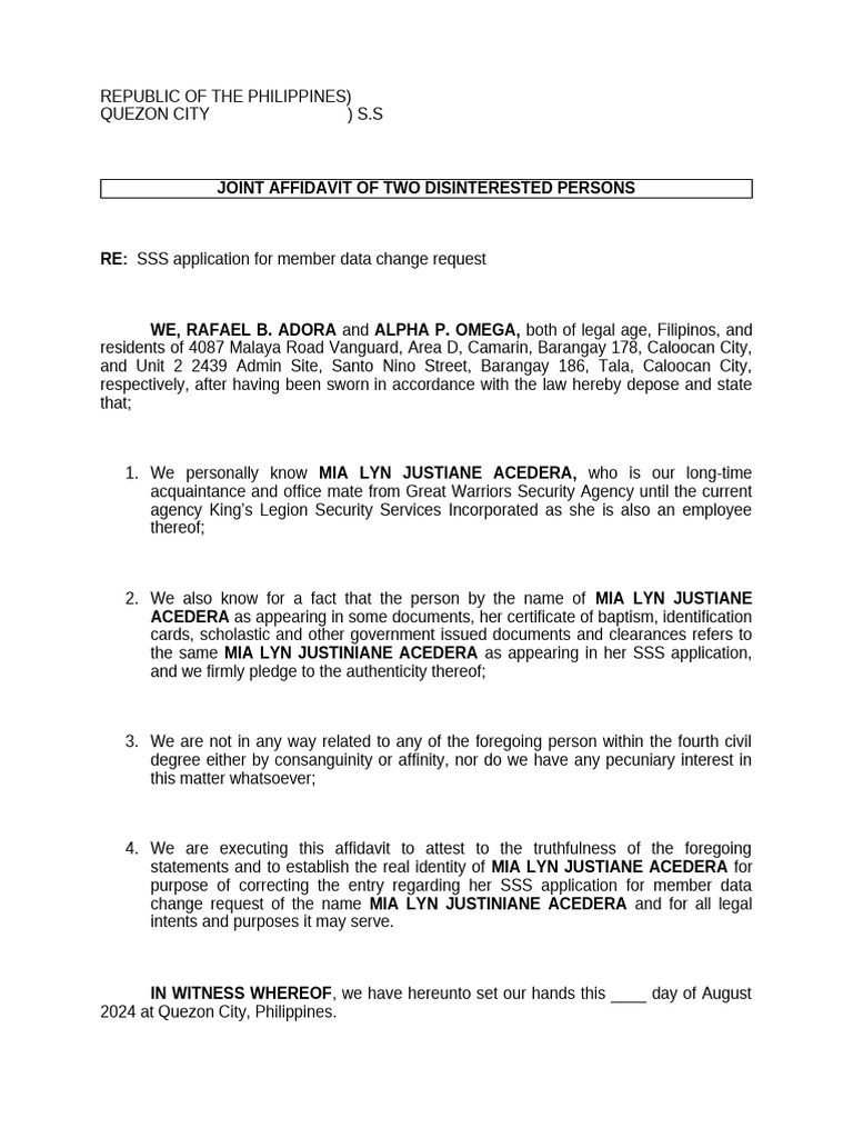Affidavit for SSS Data Change Request | PDF
