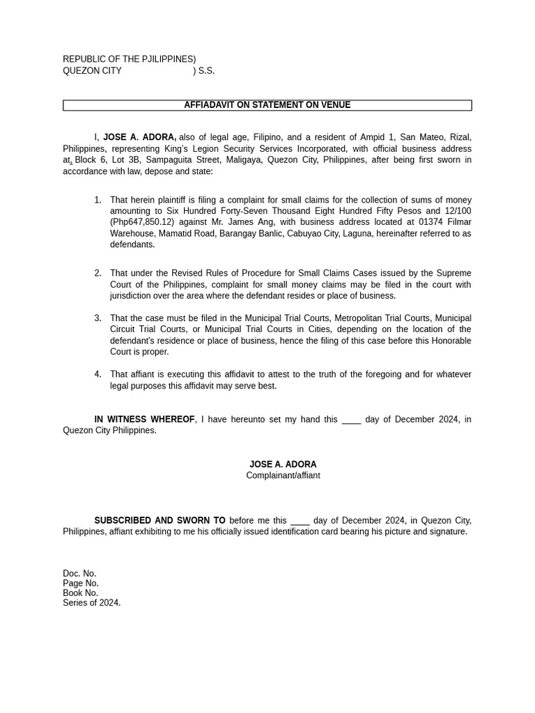 Affidavit On Statement On Venue | PDF