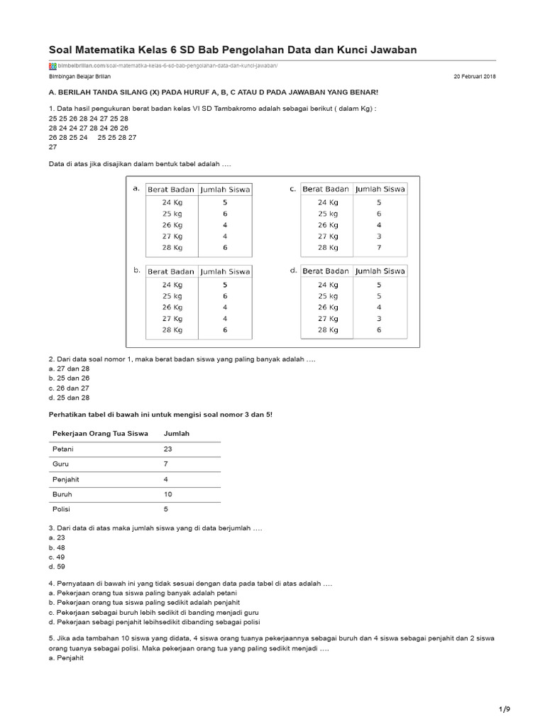Soal Matematika Kelas 6 SD Bab Pengolahan Data Dan Kunci Jawaban | PDF