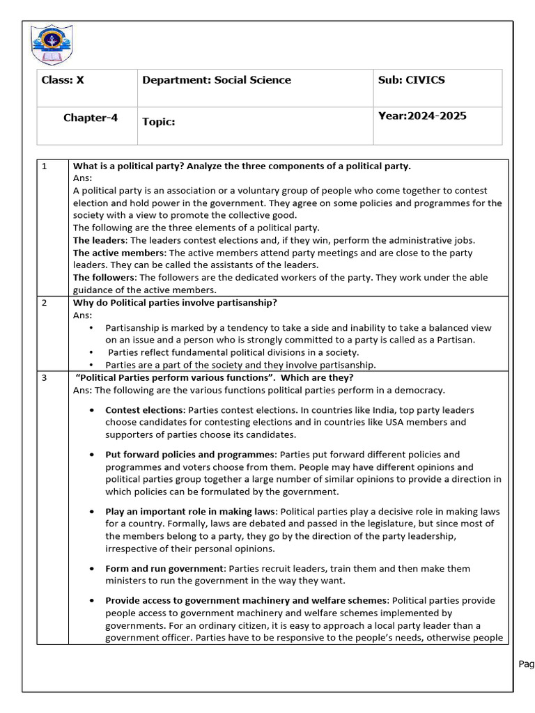 Class.X Political Parties (Civics) | PDF | Political Parties | Elections