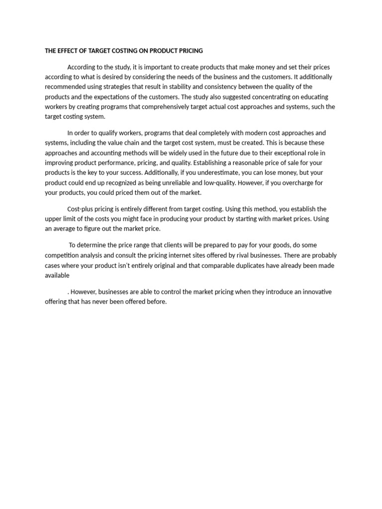 Impact of Target Costing on Pricing Strategy | PDF