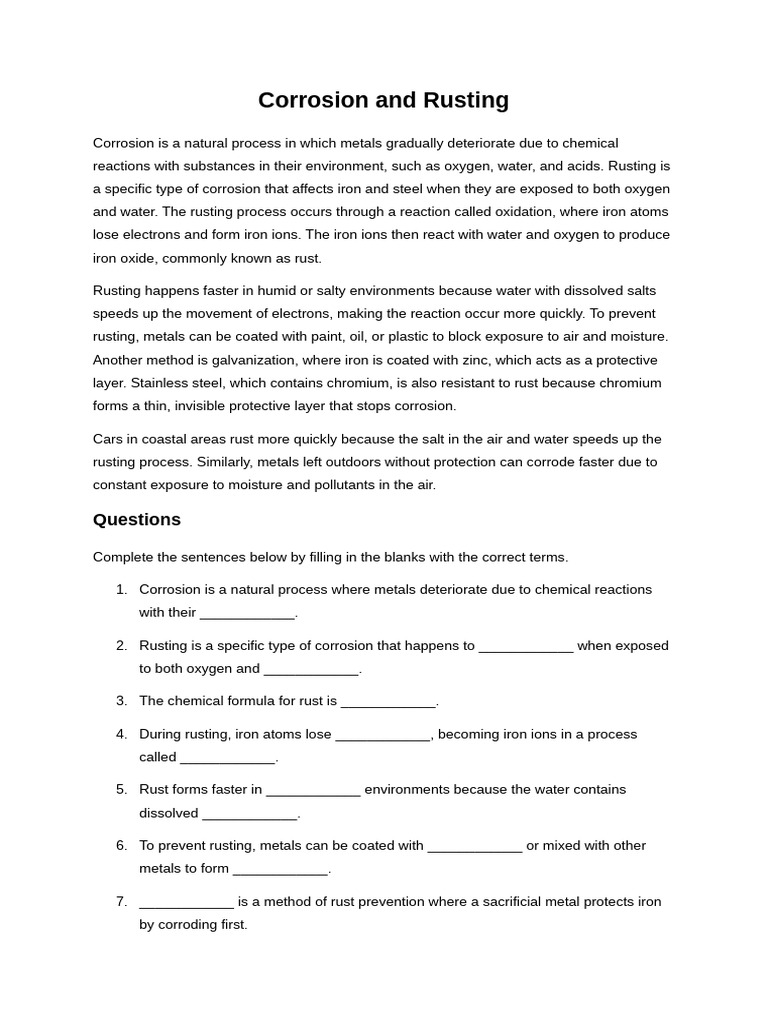 Corrosion and Rusting Worksheet | PDF | Rust | Corrosion