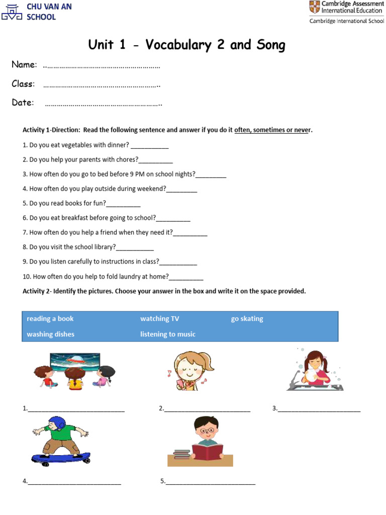 (Printable Worksheet) Vocabulary 2 and Song | PDF