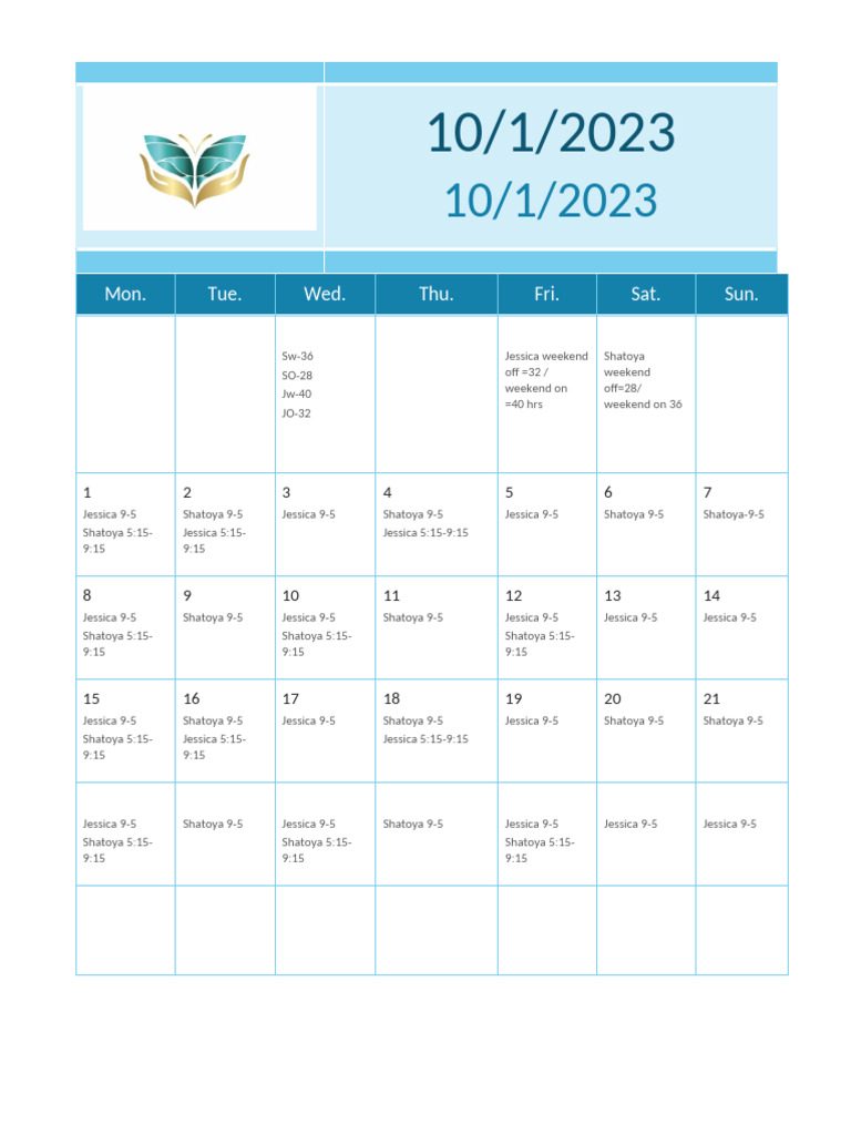 Weekly Work Schedule for Jessica & Shatoya | PDF