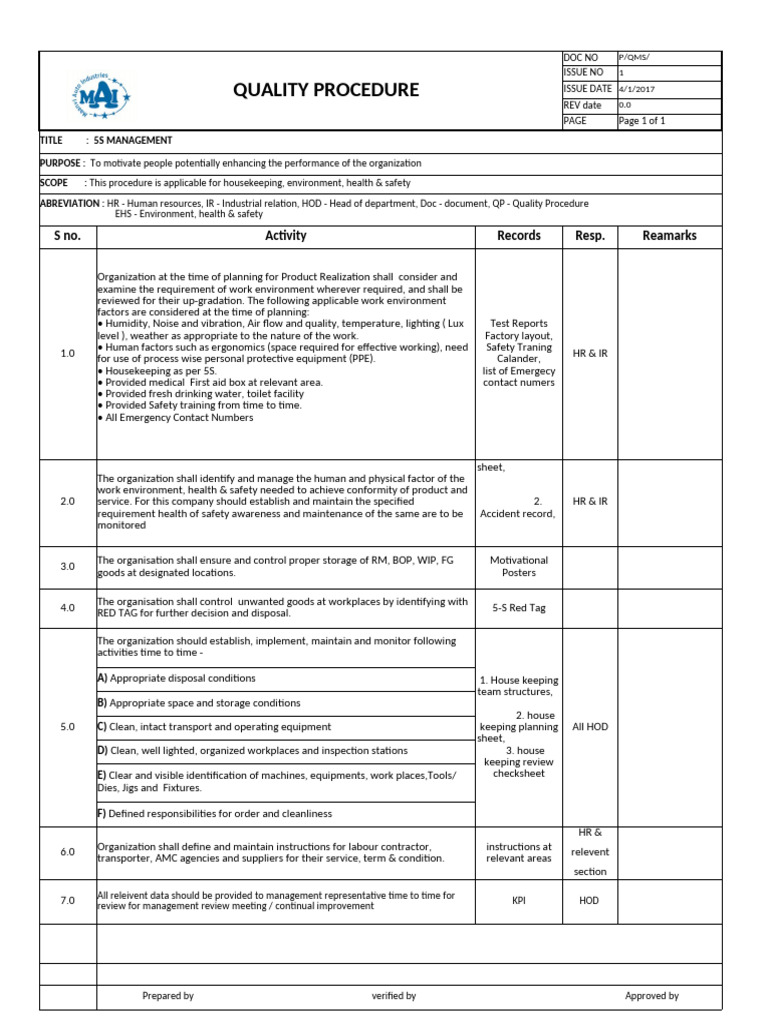 5S Management Quality Procedure Guide | PDF | Occupational Safety And ...