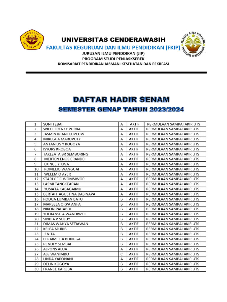 Daftar Hadir Senam Mulai Sampai Akir Uts | PDF