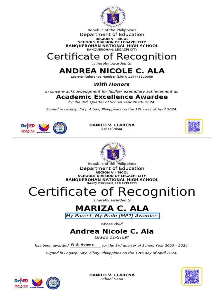 3rd - Academic Certificate and MP2 Template - 2023 2024 | PDF ...