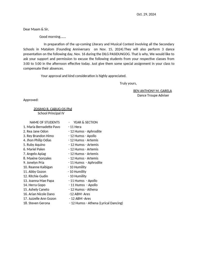 Student Absence Request for Contest | PDF