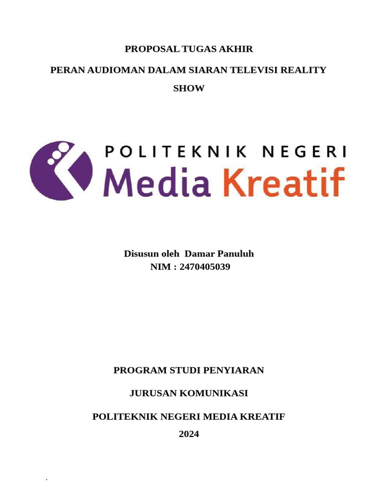 Proposal Tugas Akhir Peran Audioman Dalam Siaran Televisi Reality Show | PDF